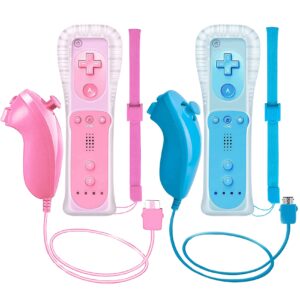 zerostory 2 packs wireless controller and nunchuck for wii and wii u console, gamepad with silicone case and wrist strap (pink and blue)