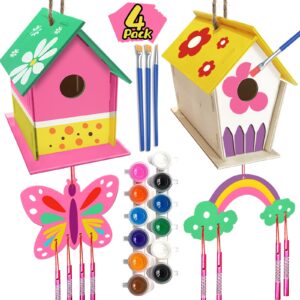 crafts for kids ages 4-8 - 4 pack diy bird house wind chime kit - build and paint birdhouses wooden arts kits easter basket stuffers gifts for girls kids boys toddlers ages 3-5 4-6 6-8 8-12