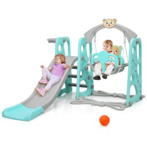 costzon 4 in 1 toddler slide and swing set, little bear indoor outdoor baby swing with slide, swing, climber, basketball hoop and ball, kids climber playground playset for girls age 1+ gifts presents