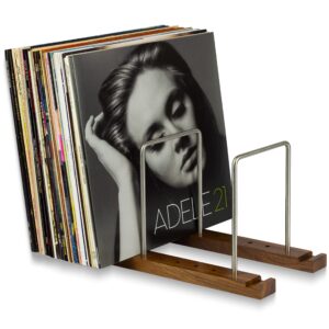 durable vinyl record storage holder for 75 lps, solid walnut vinyl record stand with built-in now playing display, sleek vinyl record holder & display for albums