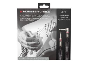 monster prolink classic instrument guitar cable - 21 ft straight to right angle instrument cable. all metal & duraflex outer jacket. 90% copper braided shield monster coiled black instrument cable