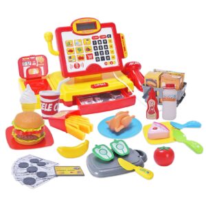 fs pretend play cash register toy with true barcode scanner & calculator, microphone, play food, supermarket cashier, great pre-school gift cash register for kids boys & girls, ages 3 4 5 6 8