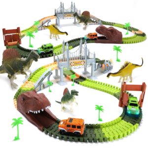 eaglestone 194 pcs dinosaur race car tracks set for kids,flexible train tracks to create a dino world road with bridge,2 electric cars with led light,best gift for toddlers boys and girls