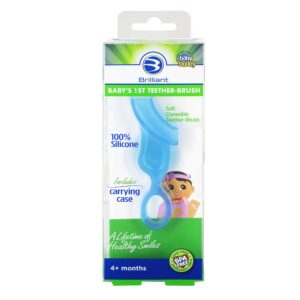 brilliant oral care baby’s first toothbrush, smooth silicone bristles gently clean tender teeth and gums, with storage case, for ages 4+ months, blue, 1 pack