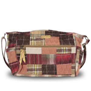 bella taylor claire crossbody shoulder bag, multicompartment purse for women, quilted cotton wyatt red and tan patchwork