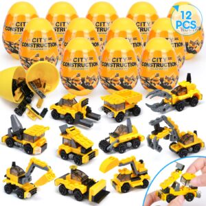 ezigo easter eggs fillers with construction vehicles building blocks, 12 pack bulk toy, basket stuffers easter party favors supplies classroom prize easter hunts gift for kids