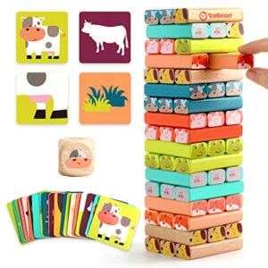 top bright colored stacking board game for kids ages 4-8, 51 piece wooden blocks toy for children（new version ）