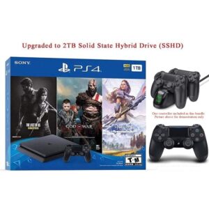 2019 newest playstation 4 holiday bundle hesvap upgraded 2tb sshd on playstation ps4 console slim bundle-included 3x games (the last of us,god of war,horizon zero dawn) w/hesvap charging station dock (renewed)