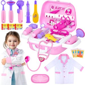 ginmic kids doctor play kit, 22 pieces pretend play doctor set with halloween role play doctor costume and carry case for toddlers and kids, medical dr kit toys for girl age 3 4 5 6 7 year old