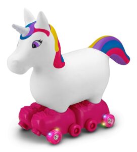 kid trax silly skaters unicorn toddler foot to floor ride on toy, kids 1-3 years old, soft and inflatable, single rider, light up led rollerskates, white (kt1590)