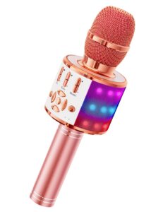 ankuka karaoke microphone for kids, bluetooth karaoke microphone with led lights,portable 4 in 1 wireless microphone toys christmas birthday gift home party kids toys for girls boys adults(rose gold)