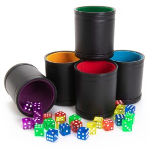 brybelly dice set with dice shaker cup - perfect for casino dice game - dice games for family - quality leather dice cup - poker dice shaker - multicolor dice cups and 25 multicolor dice sets