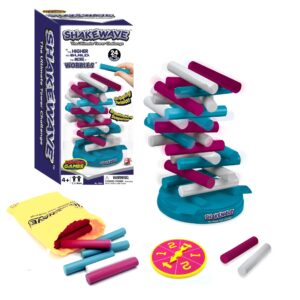 mukikim shakewave, ultimate stacking blocks game challenge, stack rollers to build tower as high as possible on rotating base without causing it to collapse! promotes hand-eye coordination & balance