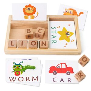 coogam spelling games, wooden matching letters toy with flash cards words, montessori abc alphabet learning educational puzzle gift for preschool boys girls kids age 3 4 5 years old