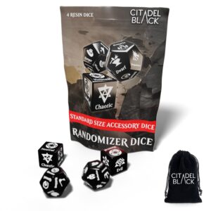 citadel black character randomizer dice set - randomize class, race, & alignment for characters or npcs, made for dungeons and dragons 5th edition & other tabletop role-playing games