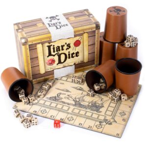 liar's dice game set - classic family bluffing game - treasure chest includes six professional bicast leather dice cups, 30 custom bullseye d6 dice, custom bidding die, pirate ship game mat