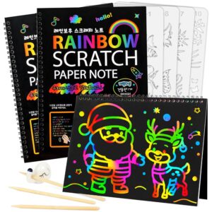 mocoosy 3 pack rainbow scratch art paper notebooks, magic scratch off paper set for kids arts crafts, black scratch note doodle pads for drawing christmas gifts birthday game coloring activity