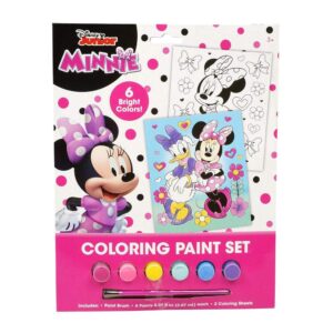 minnie mouse disney coloring paint set- disney kids art set, includes 6 acrylic paint set, brush, 2 coloring sheets, fun, entertaining children painting set activity for boys and girls