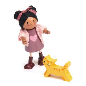 tender leaf toys - ayana and her cat - wooden miniatures flexible doll, multicultural action figure for dollhouse - encourage creative and imaginative fun play for children - age 3+