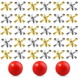 neo loons 3 sets retro metal jacks and ball game kit - 3 pcs red rubber balls & 30 pcs gold and silver metal jacks, classic game of jacks for party favor, game prizes, kids and adult