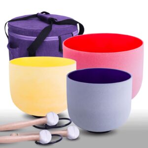 colored frosted chakra set of 3 pcs 432 hz 12 inch c 10 inch e 7 inch a note quartz crystal singing bowls + canvas bag