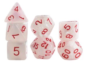 polyhedral dnd dice set pearl dice for dungeons and dragons, pathfinder, d&d, rpg, mtg,7-die set role playing games dice(with glitter)