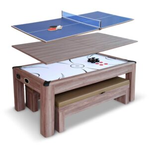 hathaway driftwood 7 ft air hockey table for home game room - with table tennis top, dining surface, electronic scorer, two storage benches, high-output blower, strikers & pucks - driftwood finish