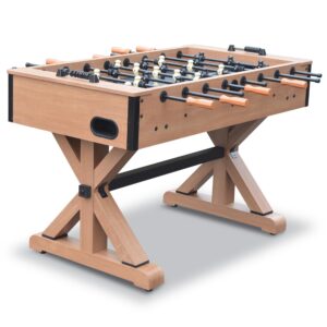 hathaway daulton 55-in foosball table for game room - with urban oak melamine finish, trestle-style base, black steel rods, octagon handles & built-in ball returns - oak/black finish