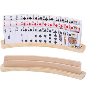 exqline curved wooden playing card holder tray rack organizer set of 2 solid card holder for kids seniors - 13.8 x 1.9 x 2.4 inch for bridge canasta strategy card playing