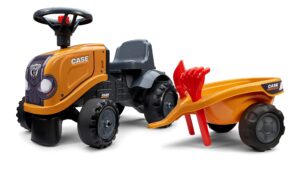 falk case ce tractor with trailer, rake and shovel, rake and shovel, 2 sets of stickers, push ride-on toy for toddlers +1 year fa297c