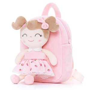 gloveleya kids backpack for girls backpacks plush bag with soft doll for toddler baby strawberry 9 inches