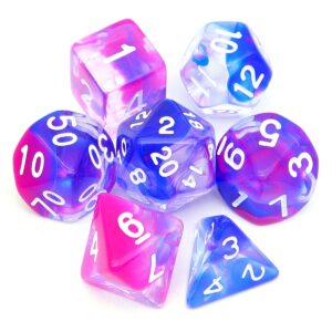 haxtec dnd dice set 7pcs polyhedral d&d dice for roleplaying dice games as dungeons and dragons (blue pink clear)