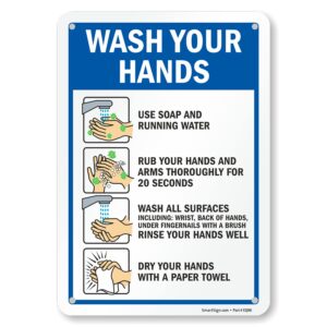 smartsign 10 x 7 inch “wash your hands” metal sign with instructions, screen printed, 40 mil laminated rustproof aluminum, multicolor, made in usa