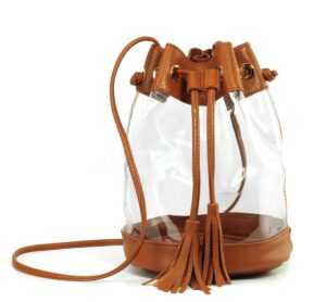 hoxis clear purse drawstring bucket crossbody bag with tassel women pvc shoulder handbag for stadium approved (brown)