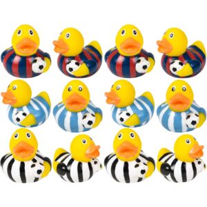 the dreidel company soccer rubber duck toy sports duckies for kids, bath birthday gifts baby showers classroom summer beach and pool activity, 2" (12-pack)