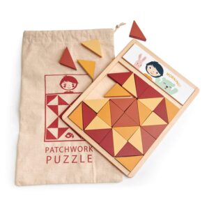 tender leaf toys wooden patchwork quilt puzzle – create an infinite number of patterns and traditional artwork with triangular shapes –imaginative play with a montessori, stem approach – ages 3 years+