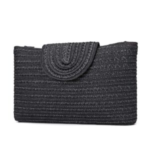 kadell - women clutch, summer straw handbag seashell straw bag summer bag (black)