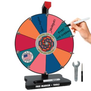 whirl of fun 12 inch prize wheel spinner with stand - spinning wheel for prizes, 10 color slots, customize erasable dry erase surface, tropical colors, portable, tools included, made in usa