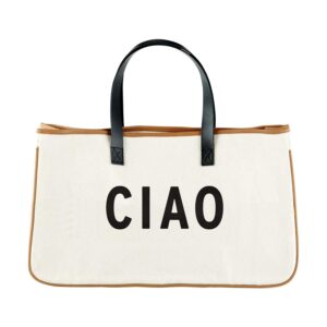 19" white canvas tote bag with ciao design