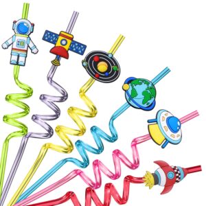 outer space straws party favors for theme birthday party supplies with 2 cleaning brush | solar system rocket spaceship astronaut satellite planet attachments (24+2)