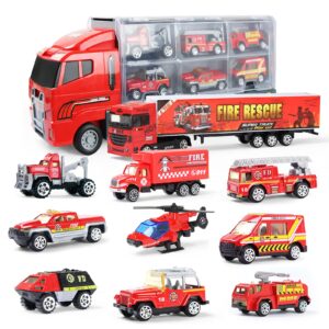 joyfia 10 in 1 fire truck toys, mini die-cast fire engine car toy set in carrier truck, rescue emergency double side transport vehicle for 3 years old boys and girls