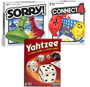 classic sorry!, yahtzee, & connect 4 bundle | friends, family indoor or outdoor party game|fun strategy board games for kids | ages 6 and up