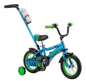 schwinn grit push steer and ride kids bike, boys beginner bicycle, 12-inch wheels, with training wheels, parent push handle, water bottle and holder, blue