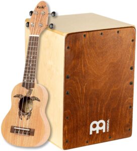 meinl percussion snare cajon box drum with ukulele jam bundle — keiki sopranino by ortega guitars — two year warranty, jc50k1