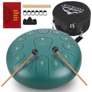 eastrock steel tongue drum 13 notes 12 inches percussion instrument handpan drum c key for meditation entertainment concert yoga with travel bag, mallets, music book (green)