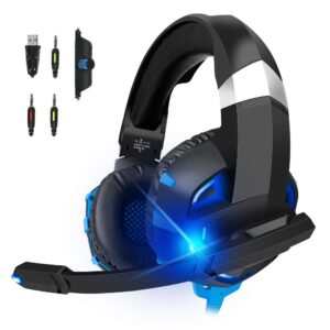 gaming headset for xbox one, ps4, pc, y-team gaming headphone with noise cancelling mic, 3d stereo surround sound, soft earmuff, led light compatible mac, laptop, switch, ps3(blue)