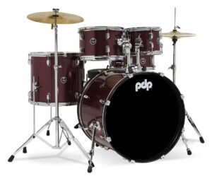 pacific drums center stage complete drumkit, 5 drum set, ruby red sparkle, 7x10, 8x12, 14x16 floor, 16x22 kick, 5x14 snare (pdce2215ktrr)