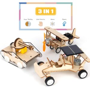 mini tudou 3d wooden puzzle solar car, 3-in-1 stem science kit toy to build wood models including solar power vehicle electronic tank and plane toys set, diy educational play set for kids boys girls