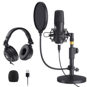 maono au-a04t usb microphone with au-mh601 studio monitor headphones bundle streaming podcasting pack plug and play for computer, youtube, music