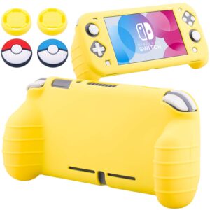 yorha handle grip soft silicone rubber protective cover case (mango yellow) x 1 and thumbsticks x 4 for nintendo switch lite - 9.2019 slim model